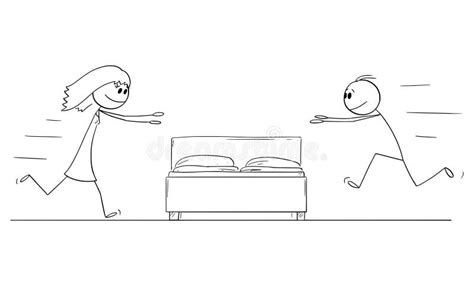 Man And Woman Running To Bed To Make Love Or Sex Vector Cartoon Stick Figure Illustration Stock