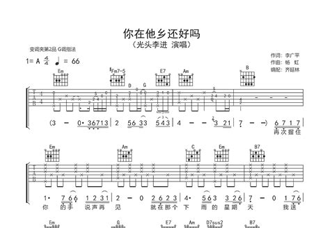你在他乡还好吗吉他谱 光头李进 G调弹唱80 专辑版 吉他世界
