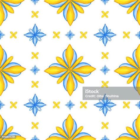 Majolica 수채화 이음새가 없는 무늬 시칠리아 손으로 그린 장식품 전통적인 파란색과 노란색 세라믹 타일 포르투갈어 전통 Azulejo 패턴 모로코 스타일 0명에 대한