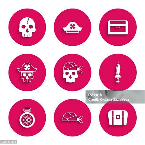 해적 선장 머리용 두건 골동품 보물 상자 검 나침반 해골 아이콘을 설정합니다 벡터 가공의 인물에 대한 스톡 벡터 아트 및 기타 이미지 Istock