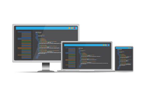 Html 코드 웹사이트입니다 노트북 데스크탑 타블렛 코딩 프로그래밍 개념 벡터 일러스트입니다 Php 프로그래밍 언어에 대한 스톡