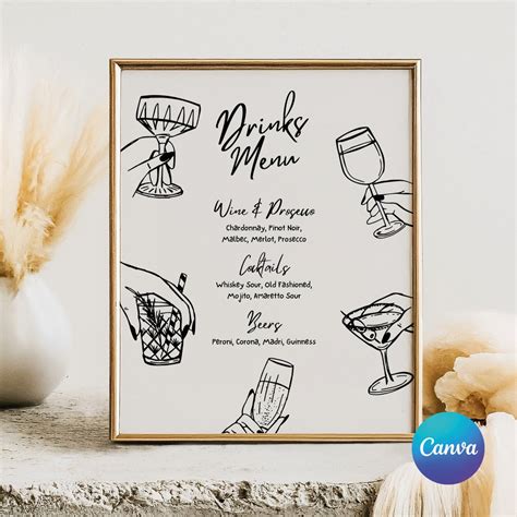 Bar Menu Template Editable Bar Menu For Wedding Hand Drawn Cocktail Menu Bar Menu Sign