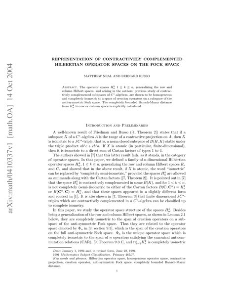 Pdf Representation Of Contractively Complemented Hilbertian Operator Spaces On The Fock Space