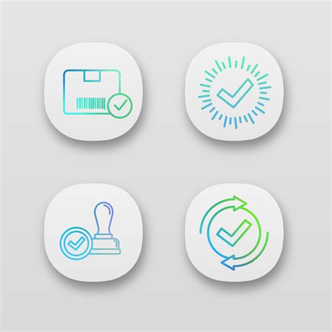 Approve App Icons Set Verification And Validation Approved Delivery Check Mark Stamp Of