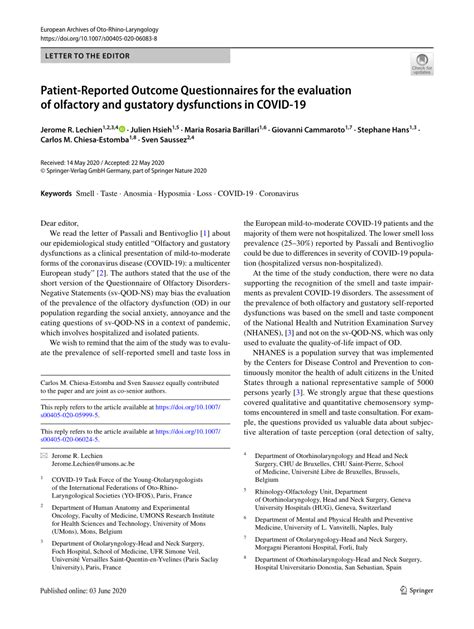 Pdf Patient Reported Outcome Questionnaires For The Evaluation Of Olfactory And Gustatory