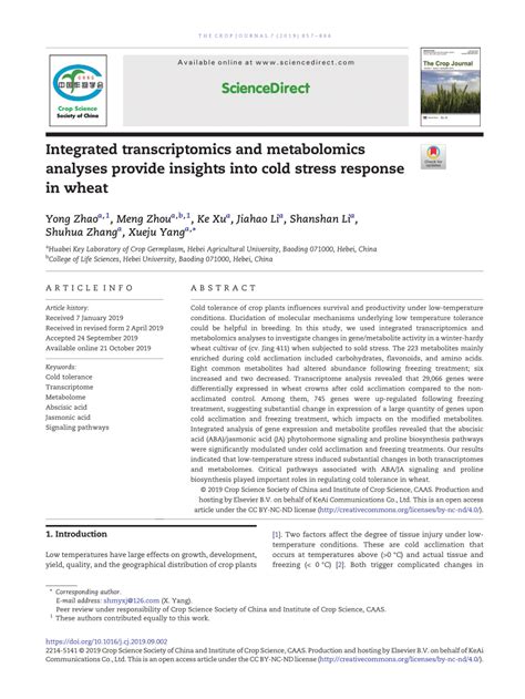 Pdf Integrated Transcriptomics And Metabolomics Analyses Provide