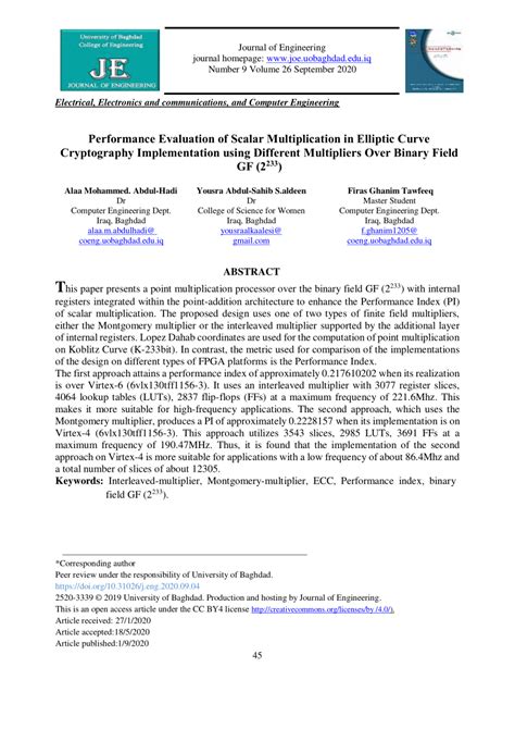 pdf performance evaluation of scalar multiplication in elliptic curve cryptography