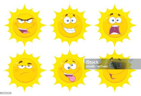 재미 있는 노란 태양 만화 Emoji 얼굴 시리즈 문자 집합 3 평면 디자인 컬렉션 광선에 대한 스톡 벡터 아트 및 기타 이미지 광선 날씨 노랑 Istock