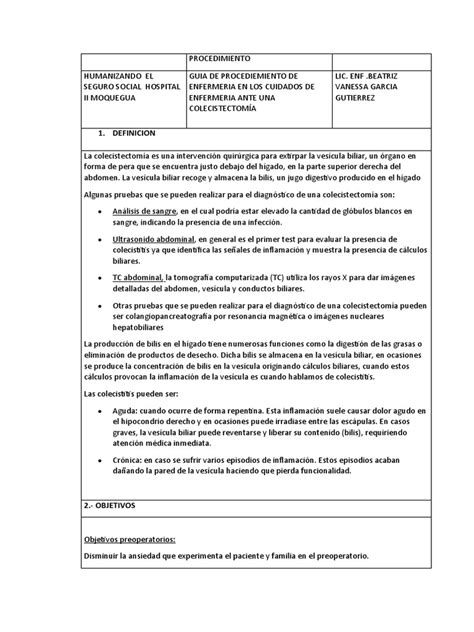Procedimiento Colecistectomia Pdf Bilis Vesícula Biliar