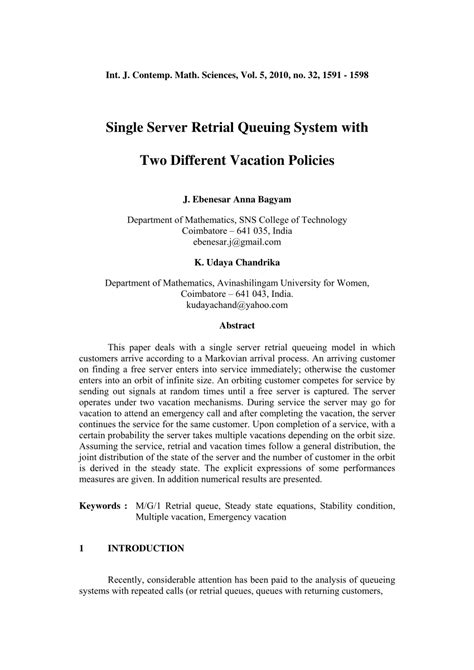 Pdf Single Server Retrial Queuing System With Two Different Vacation Policies