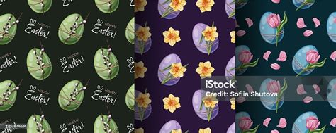 부활절 완벽 한 패턴 세트 화려한 달걀 튤립 수선화 버드 나무 가지 직물 벽지 포장지 및 휴일 장식에 대 한 봄 꽃 배경 벡터 일러스트 레이 션 3월에 대한 스톡 벡터 아트