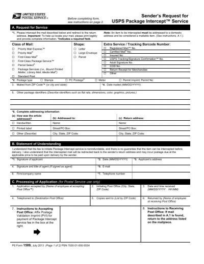Senders Request For Usps Package Intercept™ Service