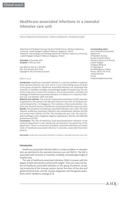 Pdf Healthcare Associated Infections In A Neonatal Intensive Care Unit