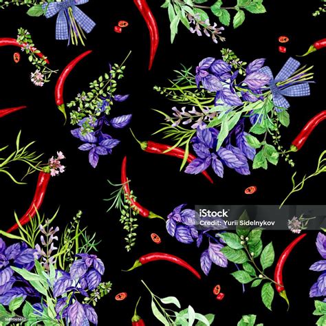 매운 허브 수채화 그림 월계수 민트 보라색 바질 검은 바탕에 빨간 고추 메뉴 장식 주방 직물 디자인 향기로운 향신료 0명에 대한