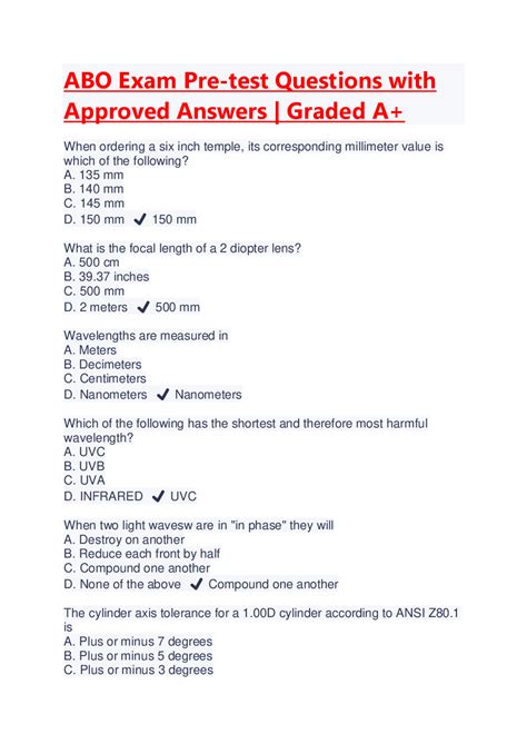 Abo Exam Pre Test Questions With Approved Answers Latest 2023 2024 Graded A Exams Nursing