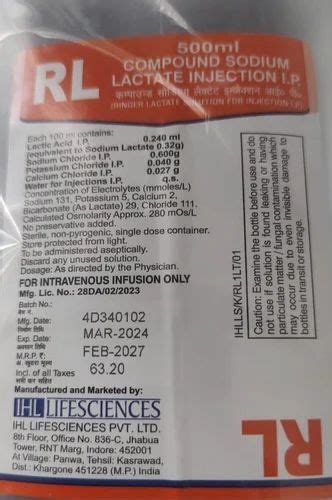 Rl 500 Ml Iv Fluids Compound Sodium Lactate Injection I P 500 Ml For