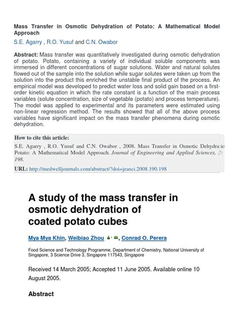 Mass Transfer In Osmotic Dehydration Of Potato Download Free Pdf Osmosis Applied And