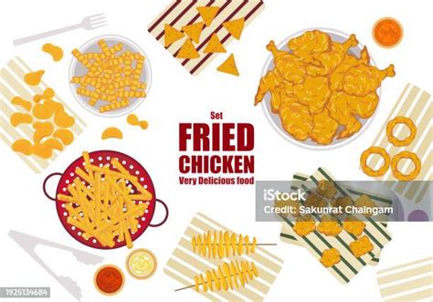 맛있는 패스트 푸드 일러스트 세트입니다 프라이드 치킨 버킷 닭다리 튀김 귀여운 치킨 만화 스타일입니다 포스터 디자인 및 광고를 위해 흰색 배경에 격리되어 있습니다 감자