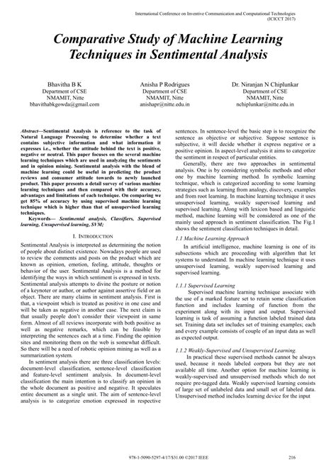 PDF Comparative Study Of Machine Learning Techniques In Sentimental Analysis