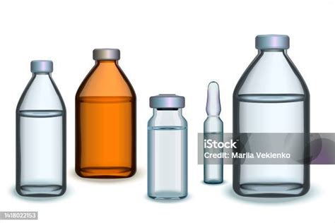 작은 약 또는 다양한 추출물 병 세트 백신을위한 현실적인 모의 유리 병과 앰플 흰색 배경에 고립 된 3d 유리 의료 용기 플랫 일러스트레이션 시럽에 대한 스톡 벡터 아트 및