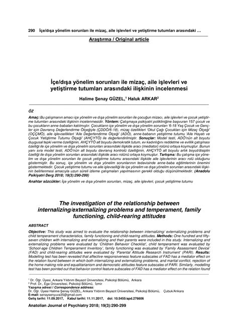 Pdf The Investigation Of The Relationship Between Internalizingexternalizing Problems And