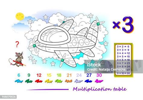 아이들을 위한 구구단의 3을 곱합니다 수학 교육 색칠 공부 예제를 풀고 비행기를 칠하세요 논리 퍼즐 게임 어린이 학교 교과서에