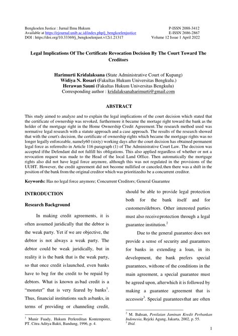 PDF Legal Implications Of The Certificate Revocation Decision By The Court Toward The Creditors