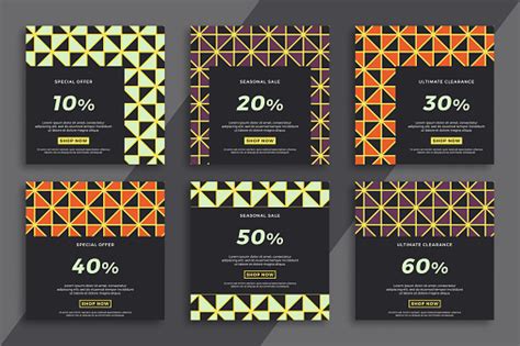 소셜 미디어 모바일 응용 프로그램에 대한 현대 판매 및 할인 프로모션 배경 기하학적 패턴의 어두운 사각형 광고 웹 배너 세트