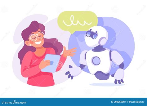 Ai Chatbot Communication With Woman With Tablet Vector Illustration Stock Illustration