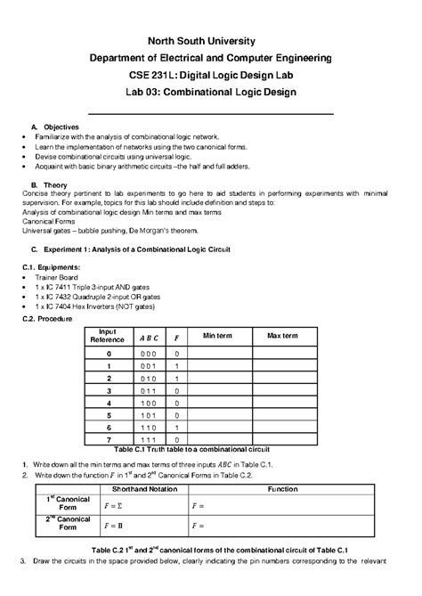 Cse231 Lab Manual 03 Combinational Logic Design North South