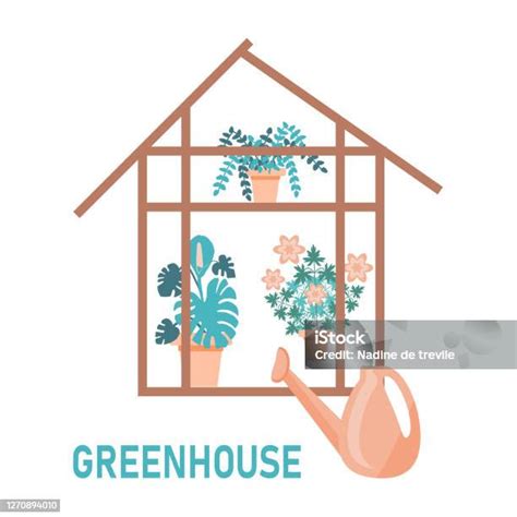 화분에 심은 식물과 물 수 있는 유리 온실 입구에 있습니다 자연 식품 채소를 재배하기위한 집 이나 건물의 종류 식물 에코 건강