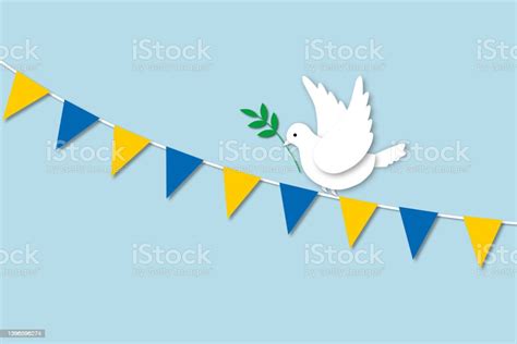 종이 흰색 비둘기 또는 비둘기 우크라이나어 플래그와 비행 올리브 가지를 들고 평화를 위한 개념과 전쟁을 중단하십시오 개념에 대한 스톡 벡터 아트 및 기타 이미지 Istock