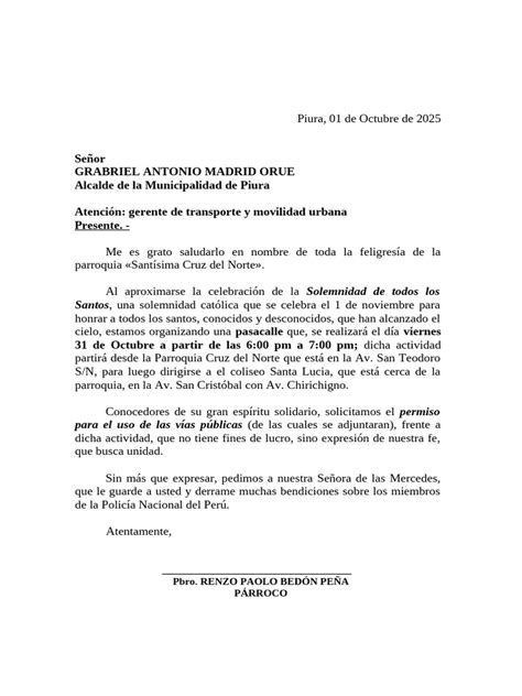 Oficio Para La Municipalidad Para Usar Las Calles Pdf