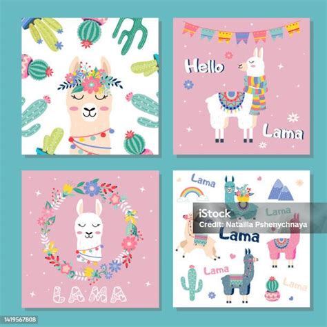 선인장 무지개 화환 벡터 디자인으로 설정된 귀여운 만화 라마 개체 그룹에 대한 스톡 벡터 아트 및 기타 이미지 개체 그룹 고립 색상 귀여운 Istock