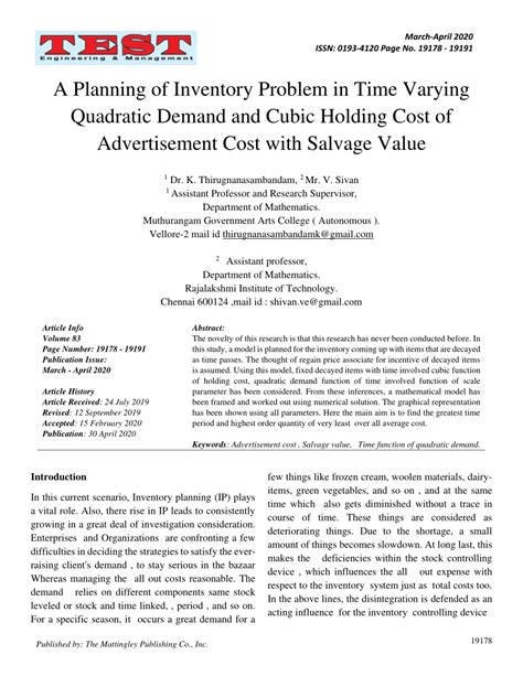 Pdf A Planning Of Inventory Problem In Time Varying Quadratic Demand And Cubic Holding Cost Of