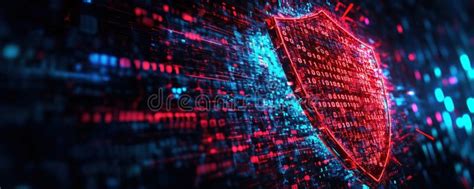 digital shield symbolizing cybersecurity binary code glowing effects