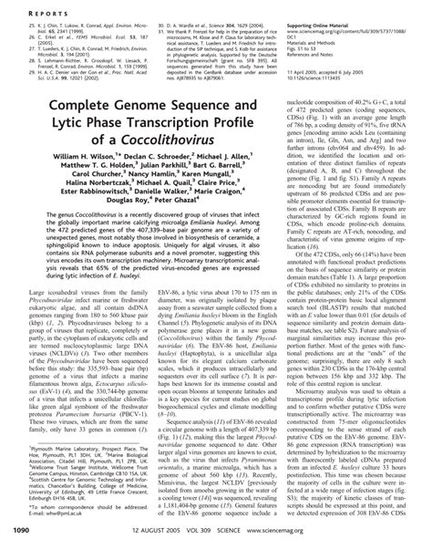 Pdf Complete Genome Sequence And Lytic Phase Transcription Profile Of A Coccolithovirus