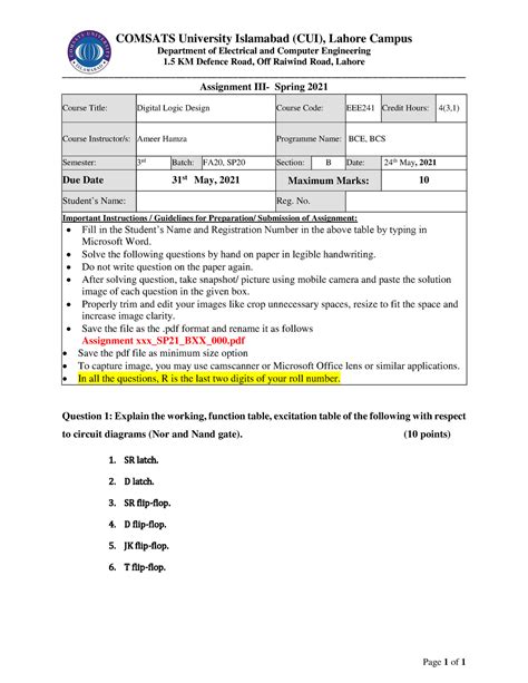 Class Assignment Digital Logic Design Page Of COMSATS University Islamabad CUI Lahore