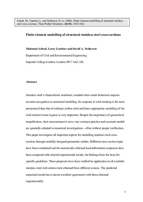 Pdf Finite Element Modelling Of Structural Stainless Steel Cross