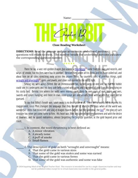 The Hobbit Chapter 12 Close Reading Analysis Worksheet For High School