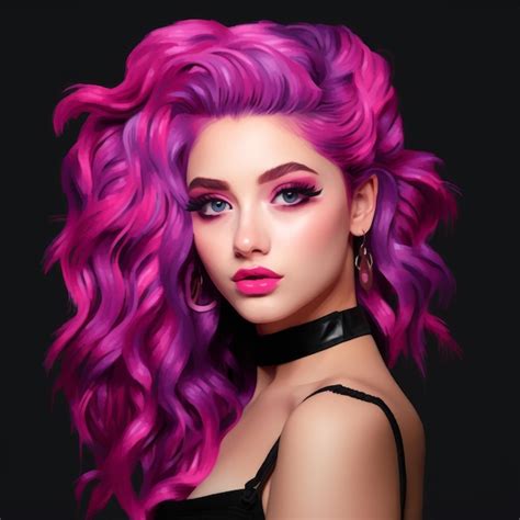 Hermosa Chica Con Cabello Rosado Y Maquillaje Morado Sobre Fondo Negro Foto Premium