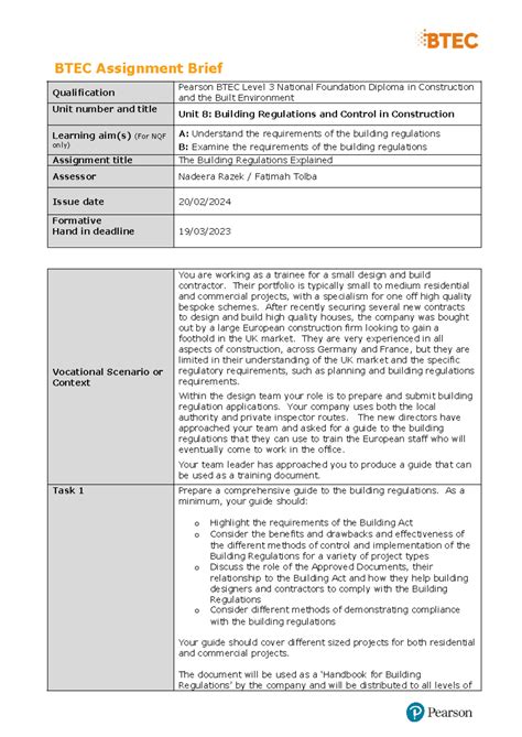 Unit 8 Assignment 1 Btec Assignment Brief Qualification Pearson Btec Level 3 National
