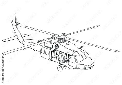 Military Helicopter Drawing Line Art Vector Illustration Cartoon
