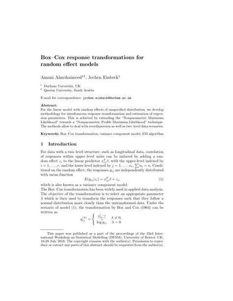 Pdf Box Cox Response Transformations For Random Effect Models