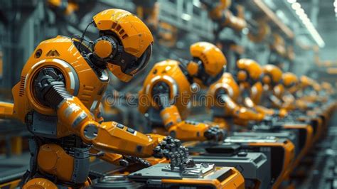 Automated Factory With Robotic Arms Assembling A Robot Showcasing