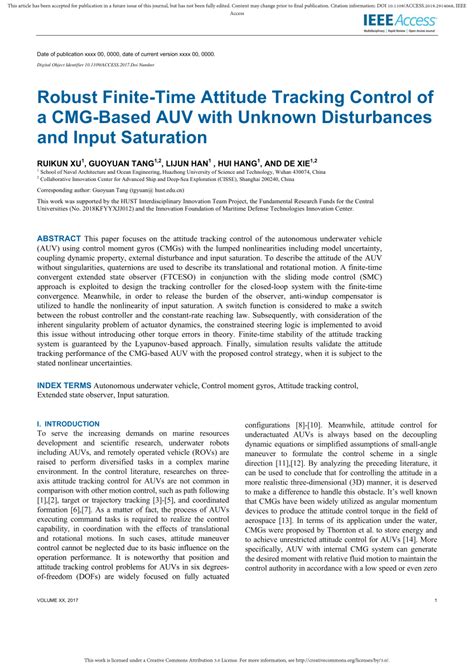 Pdf Robust Finite Time Attitude Tracking Control Of A Cmg Based Auv With Unknown Disturbances