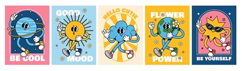 복고풍 날씨 캐릭터 만화 자연 마스코트 귀여운 지구 재미 있는 태양 구름 미소 짓는 별 그리고 감정이 있는 행성 만화적인 요소가 있는 포스터입니다 벡터 세트 등장인물에 대한