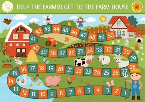 마을 풍경이 있는 어린이를 위한 농장 주사위 보드 게임 헛간 정원이 있는 시골 보드 게임 시골 시골 활동 또는 아이들을 위한 인쇄 가능한 워크시트 농부가 농장 집에
