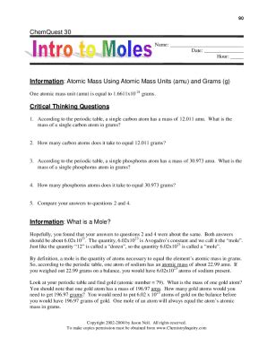 Fillable Online Atomic Mass Using Atomic Mass Units Amu And Grams G Fax Email Print