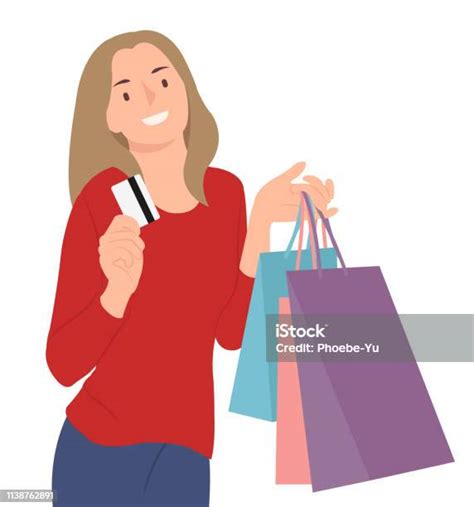 쇼핑 가방과 신용 카드를 즐겁게 들고 있는 만화 인물 캐릭터 디자인 여자 가방에 대한 스톡 벡터 아트 및 기타 이미지 가방